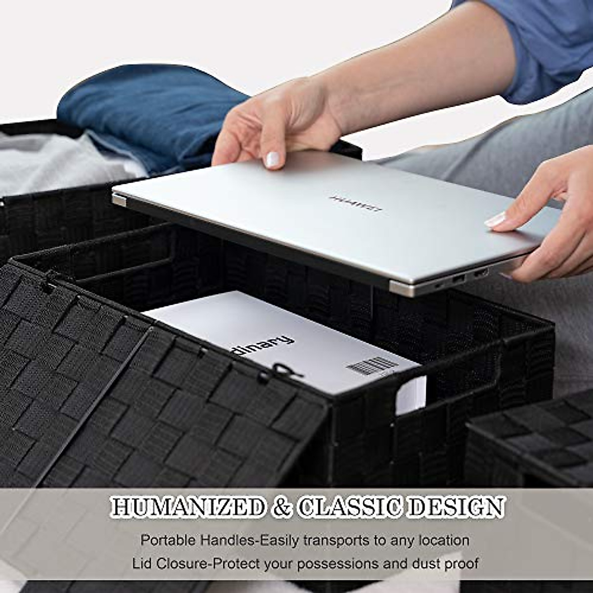 VK Living Storage Baskets Woven Basket Bin Container Tote Cube Organizer Set Stackable Storage Basket Woven Strap Shelf Organizer Built-In Carry Handles (Lid Bins - 4 Pack, Black)