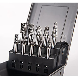 YUFUTOL Carbide Burrs Set 10pcs Double Cut Solid Carbide Rotary Burr Set 1/4" Shank Die Grinder Bits for Steel,Metal Carving, Polishing,Engraving,Drilling