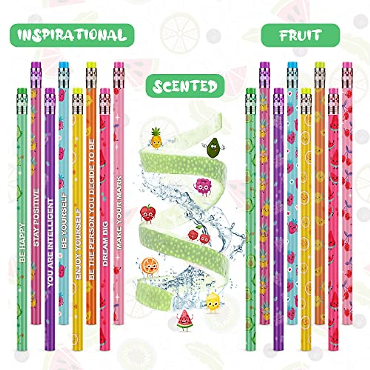 48 Pcs Scented Pencils for Kids Inspirational HB Pencils with Erasers Cylinder Colorful Fun Wood Pencils Motivational Graphite Pencils with Fruit Elements for School Office Classroom Students
