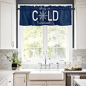 Gehucoxee Kitchen Curtains and Valance Set, Christmas Curtain Valance and Tier Rod Pocket Window Curtain Tiers for Bedroom Bathroom 3 Piece Curtain 24 Inch Length Cold Winter Snowflakes Blue Backdrop