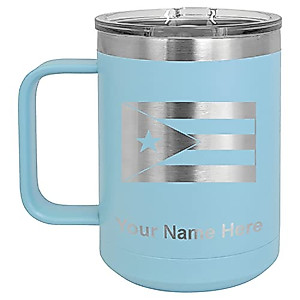 LaserGram 15oz Vacuum Insulated Coffee Mug, Flag of Puerto Rico, Personalized Engraving Included (Light Blue)