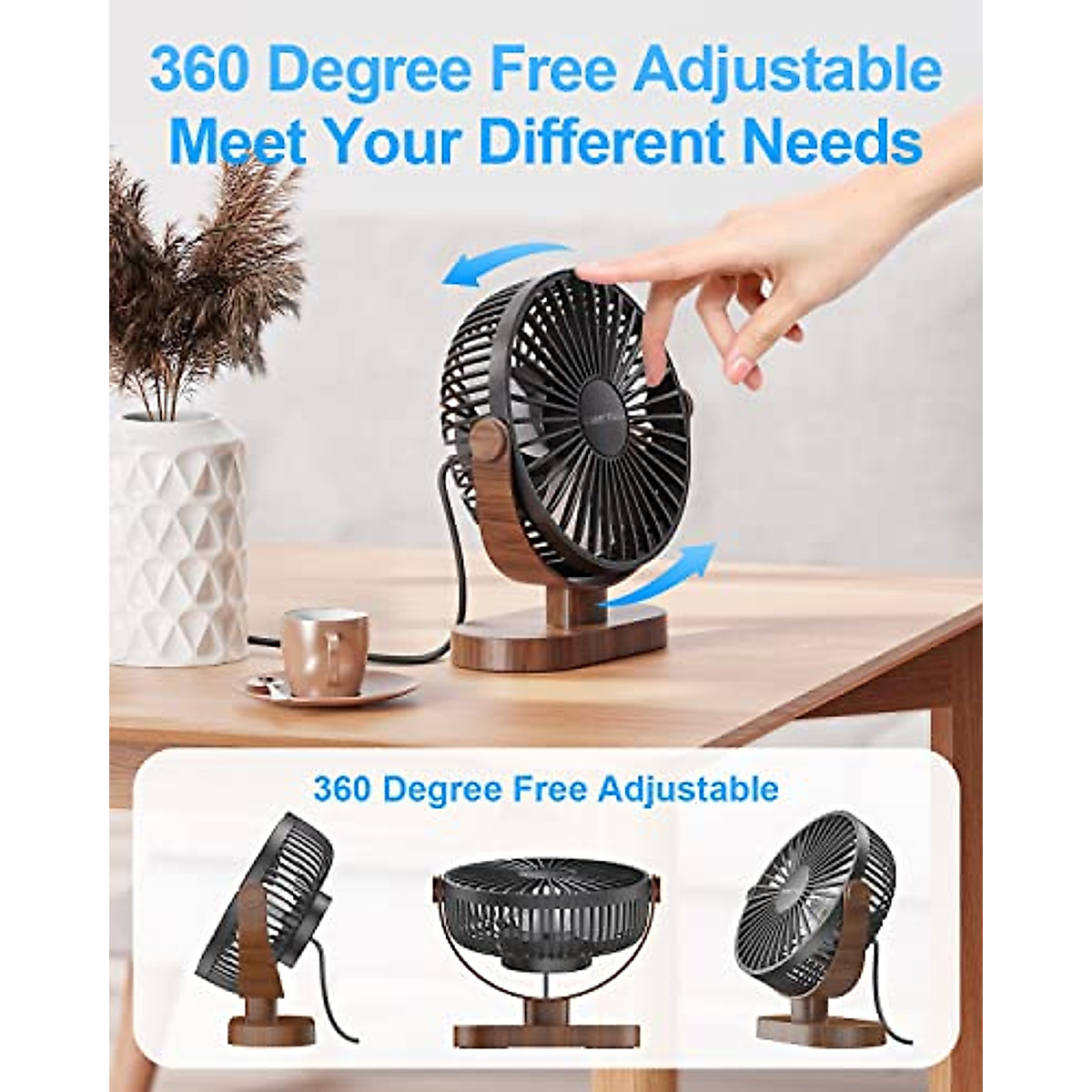 SWEETFULL 6.5 Inch USB Small Desk Fan, 3 Speeds Quiet Portable Desktop Table Fan, 360° Adjustment Personal Mini Fan for Home Office Car Outdoor Travel (Black wood grain)
