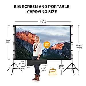 Portable Projector Screen with Stand, 150 inch 16:9, Outdoor Projector Screen, Foldable, Ironable and Washable, Front and Rear Projection Screen, Idea for Home Cinema, Business, Backyard Party.
