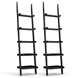 Tangkula Ladder Shelf, 5-Tier Multifunctional Modern Wood Plant Flower Book Display Shelf, Home Office Storage Rack Leaning Ladder Wall Shelf (Black, 2)