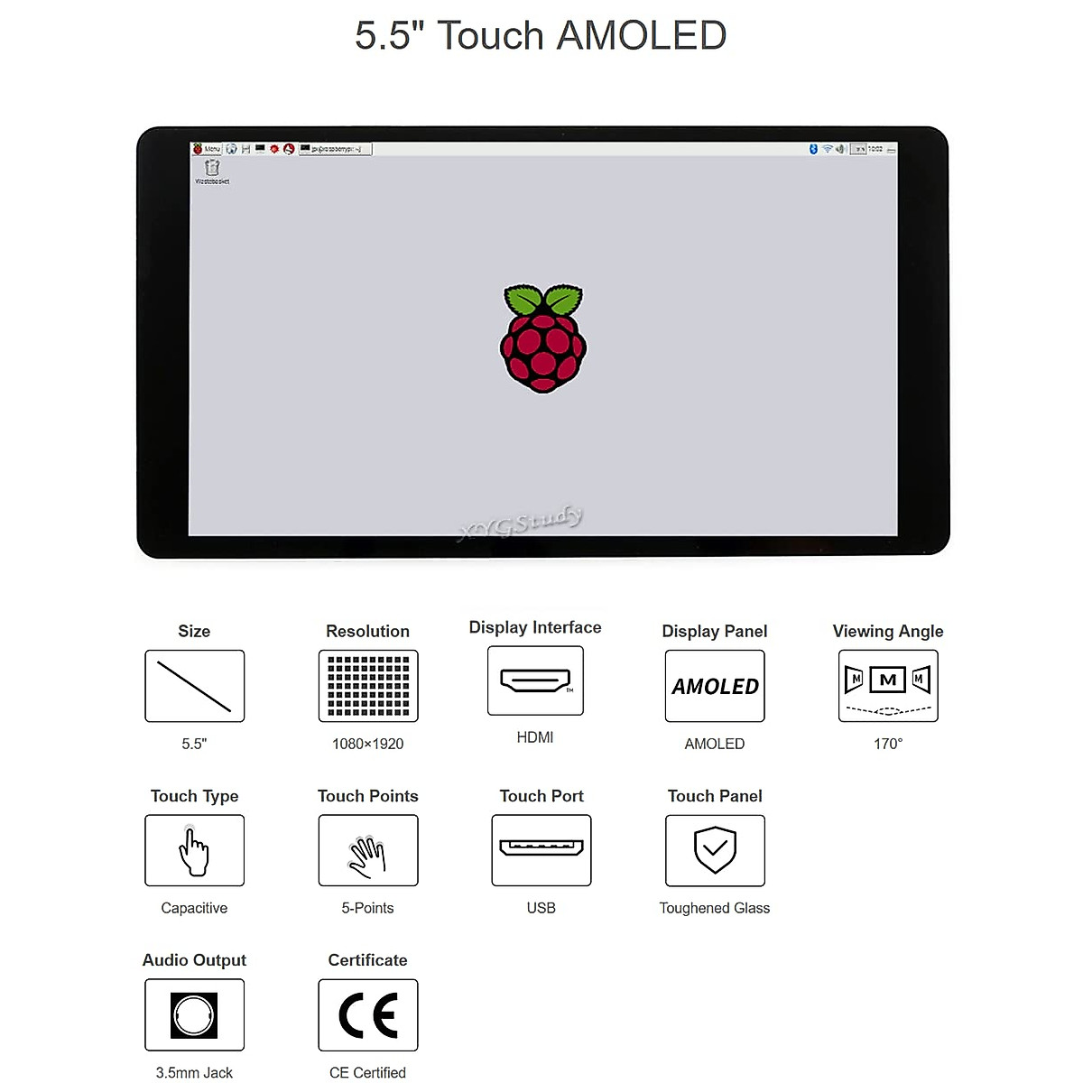 5.5 inch HDMI AMOLED Display with Toughened Glass Cover 1920x1080 Capacitive Touch HDMI Interface Supports Mini PC Raspberry Pi 4 3 2 1 Model B B+ A+ Computer Monitor @XYGStudy