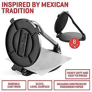 Uno Casa Cast Iron Tortilla Press 8 Inch with Tortilla Warmer - Bundle of Pre-seasoned Quesadilla, Roti and Pataconera Maker With Taco Shell Warmer including 100 Pcs Parchment Paper
