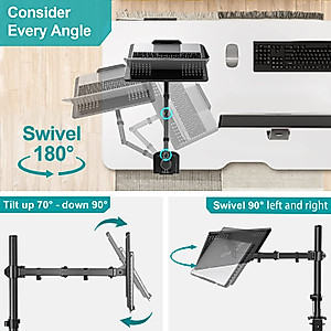 MOUNT PRO Single Laptop Mount with Tray for Laptop up to 17 inches, Holds Up to 17.6lbs, Fully Adjustable Notebook/Laptop Desk Mount Stand, Heavy Duty Laptop Arm Mount with Clamp and Grommet Base