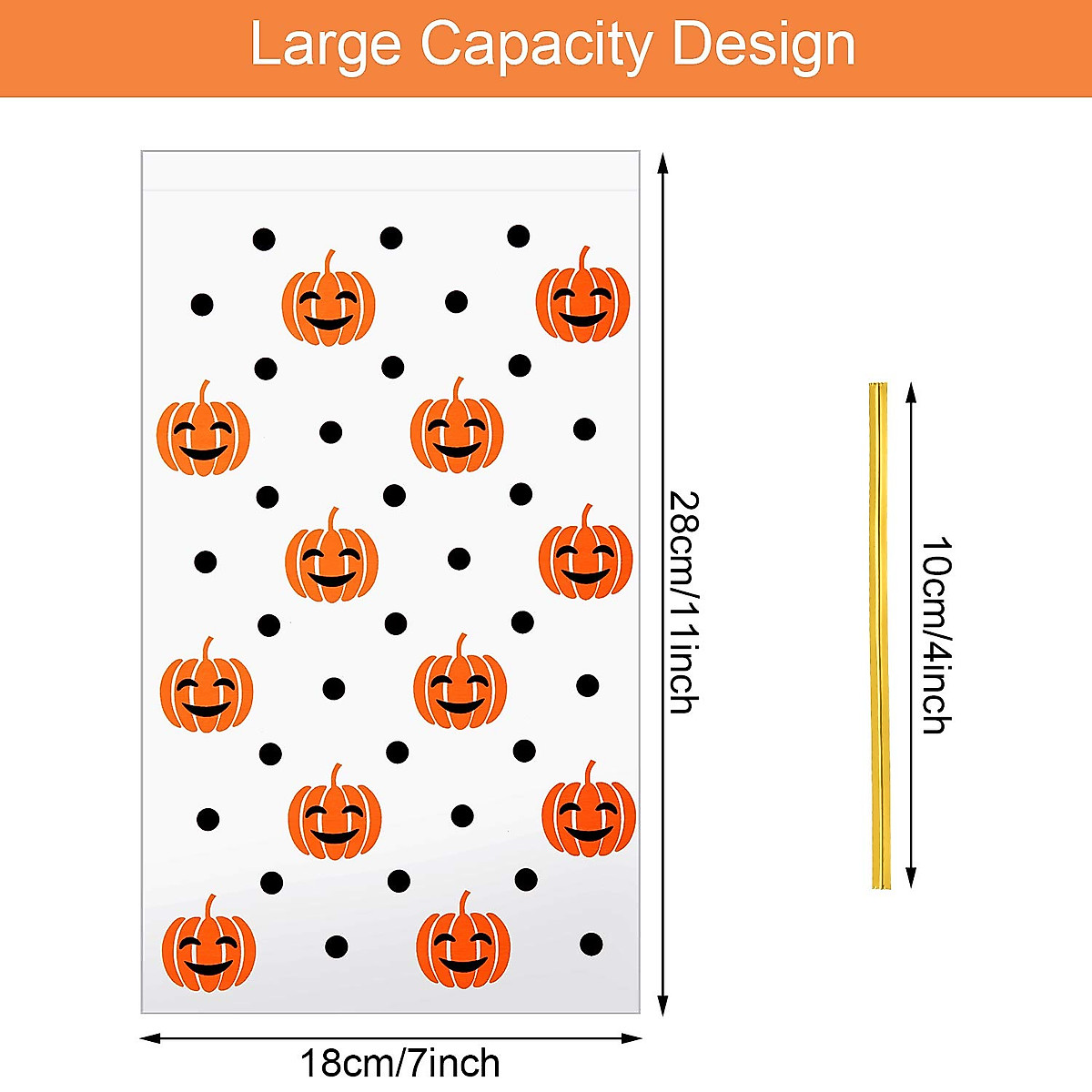 Halloween Pumpkin Print Cone Cellophane Bags Heat Sealable Halloween Treat Candy Bags Gift Bags and Golden Twist Ties for Halloween Treat Party Favor (100 Sets)