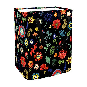 Flowers and Leaves Print Collapsible Laundry Hamper, 60L Waterproof Laundry Baskets Washing Bin Clothes Toys Storage for Dorm Bathroom Bedroom
