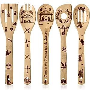5 Pieces Burned Cooking Utensil Spoon Christmas Wooden Spoons Set Christmas Kitchen Decoration for Christmas Gift House Present Supplies (Religious Style)