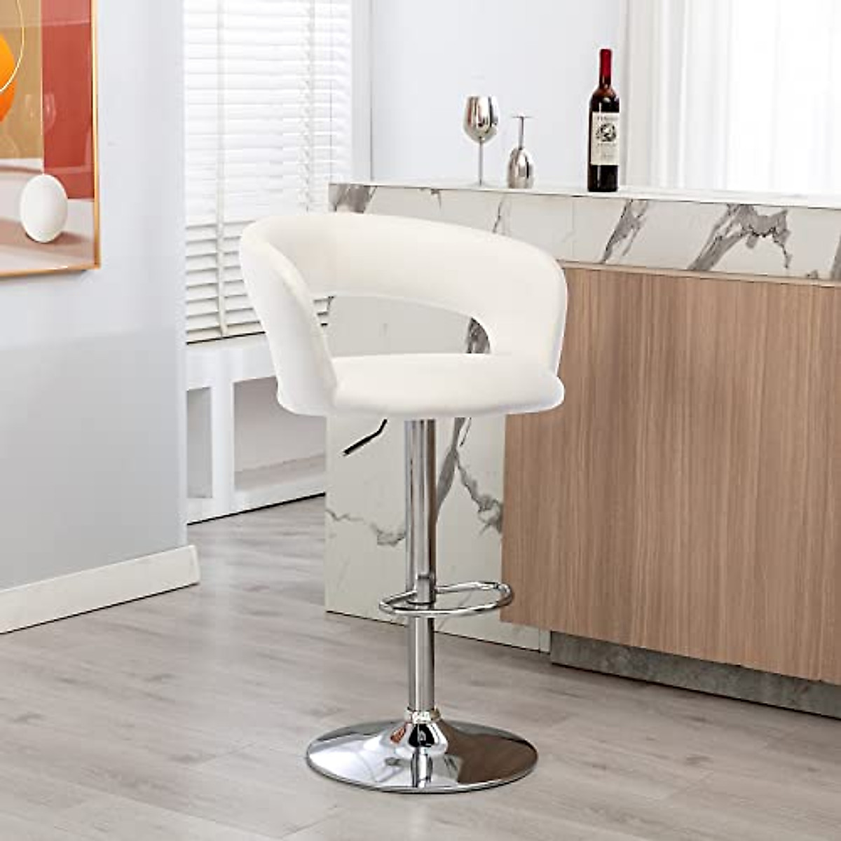 Brage Living Wide Bar Stool, Modern PU Leather Swivel Adjustable Barstool with Hollow Back and Arms, Upholstered Airlift Counter Height Bar Chair for Kitchen Dining (Ivory)