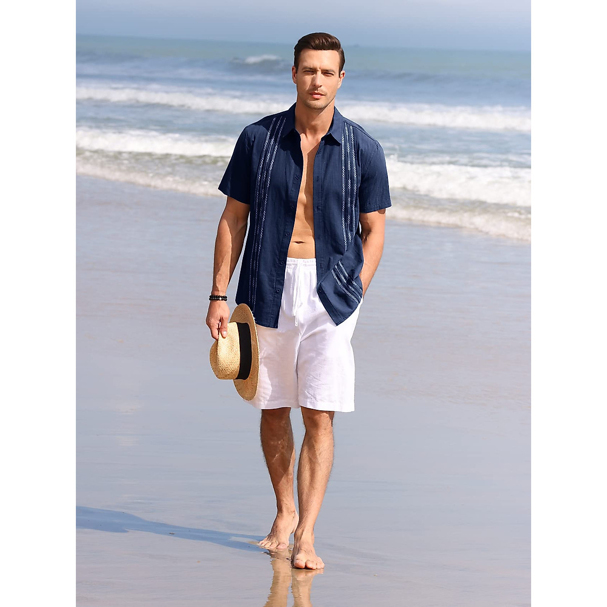 Runcati Mens Short Sleeve Guayabera Shirts Linen Cotton Button Up Mexican Embroidered Cuban Wedding Shirt Navy