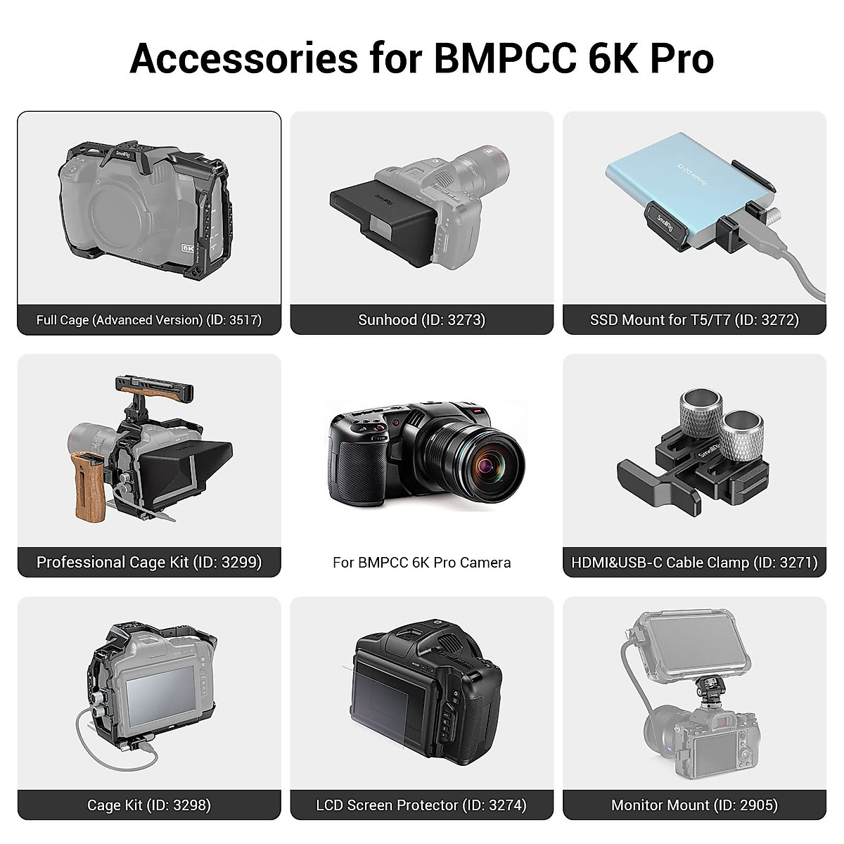 SmallRig Full Cage for BMPCC 6K Pro / 6K G2, for Blackmagic Pocket Camera Battery Grip, Comes with Built-in Removable Pogo Pin Connector, Locating Holes for ARRI and NATO Rail - 3517