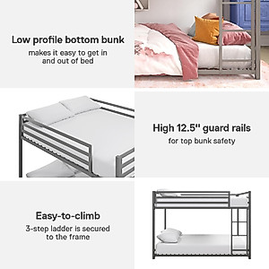 DHP Miles Low Metal Bunk Bed Frame for Kids, With Built-in Ladder, High Guardrail and Metal Slats, Floor Bed Bottom Bunk, No Boxspring Required, For Small Spaces, Full-Over-Full, Silver