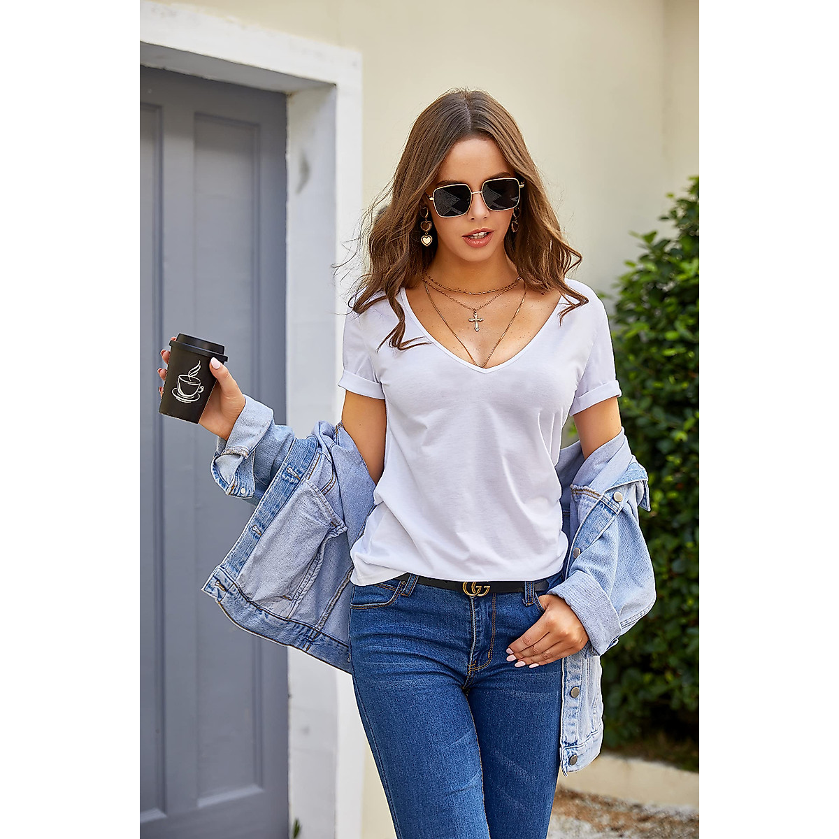 GEESENSS Women Deep V Neck Shirts Short Sleeve Sexy Low Cut Tops for Women White Medium