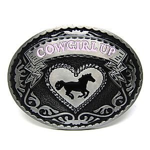 MASOP VOGU Rodeo Oval Cowgirl Up Belt Buckle Girl Women Ladies Western Engraved Horse