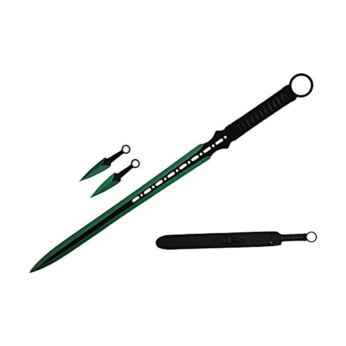 Wartech K1020-64-GR 440 Stainless Steel Full Tang Blade Ninja Hunting Machete Sword with Throwing Knives (2 Piece), 27", Green