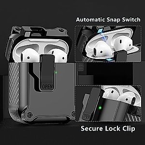 Airpods Case Cover with Cleaner kit,Automatic Snap Switch Design with Secure Lock Clip Protection for Apple Airpods 2nd/1st Generation Charging Case（Black）