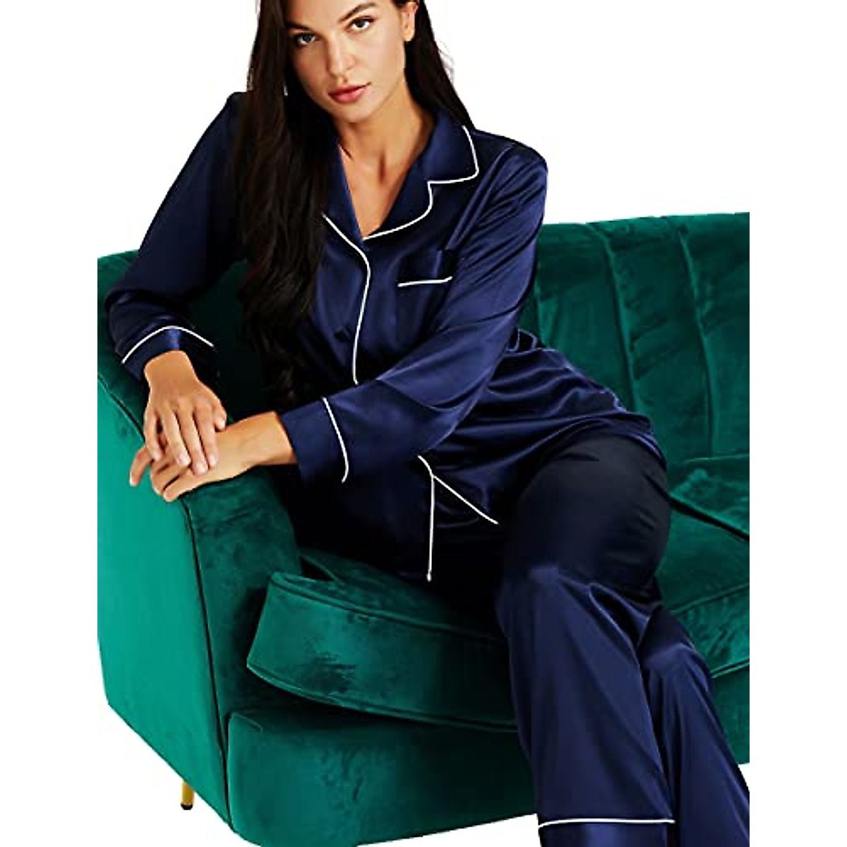 Womens Silk Satin Pajamas Set Sleepwear Loungewear Navyblue L