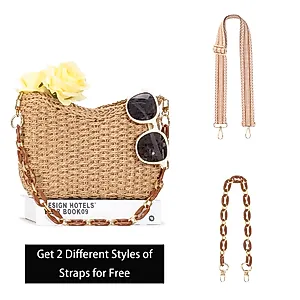 Herald Small Handmade Straw Crossbody Bag for Women, Summer Chic Woven Handbag Shoulder Purse with Chain & Guitar Strap (Coffee)