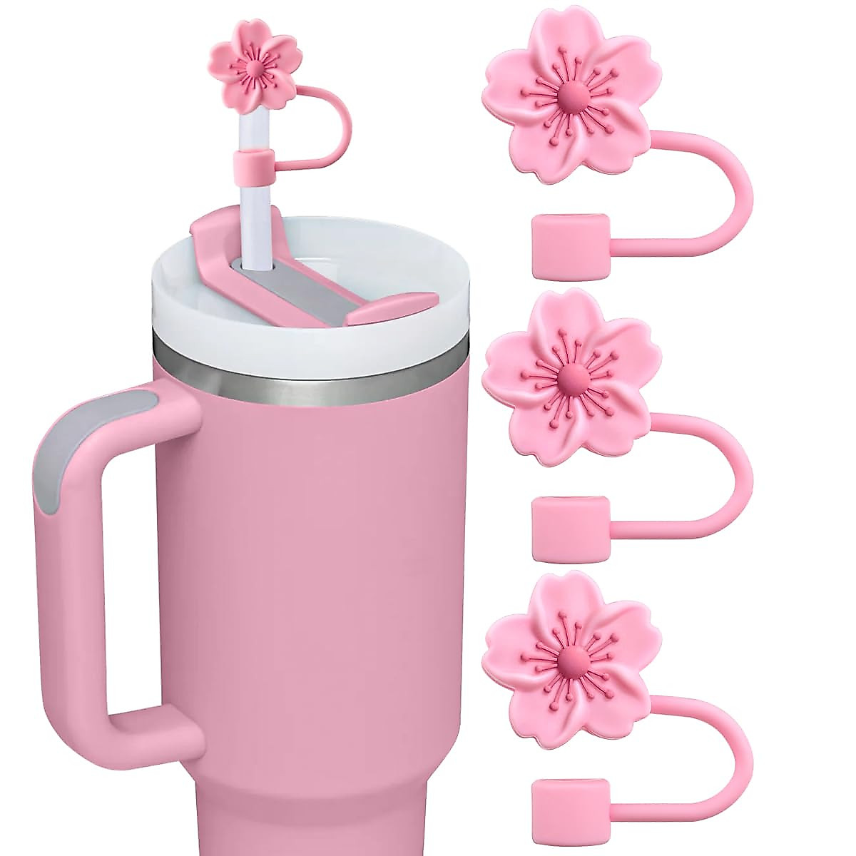 Clakioom Flower Straw Cover Cap for Stanley Cup, 3Pcs Straw Toppers Accessories Compatible with Pink Stanley Cup 40 Oz Tumbler, for Home and Party Decor (Pink)
