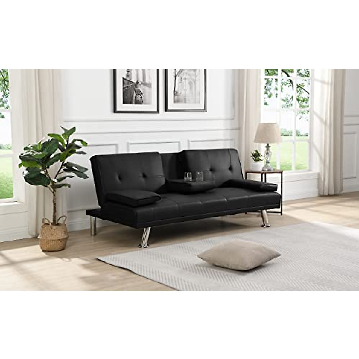 BMMB PU Leather Convertible Futon Sofa Bed Upholstered Modern Sleeper Couch with Detachable Armrests 2 Cup Holders Stainless Steel Legs, Suitable for Living Spaces, Apartments (Leather, Black)