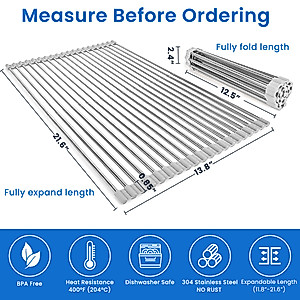 romise Adjustable Roll Up Dish Drying Rack for 10" - 20" Kitchen Sinks, Foldable Over The Sink Dish Drying Rack, Portable Stainless Steel Rolling Rack Dish Drainer Sink Rack Mat Trivet, Gray