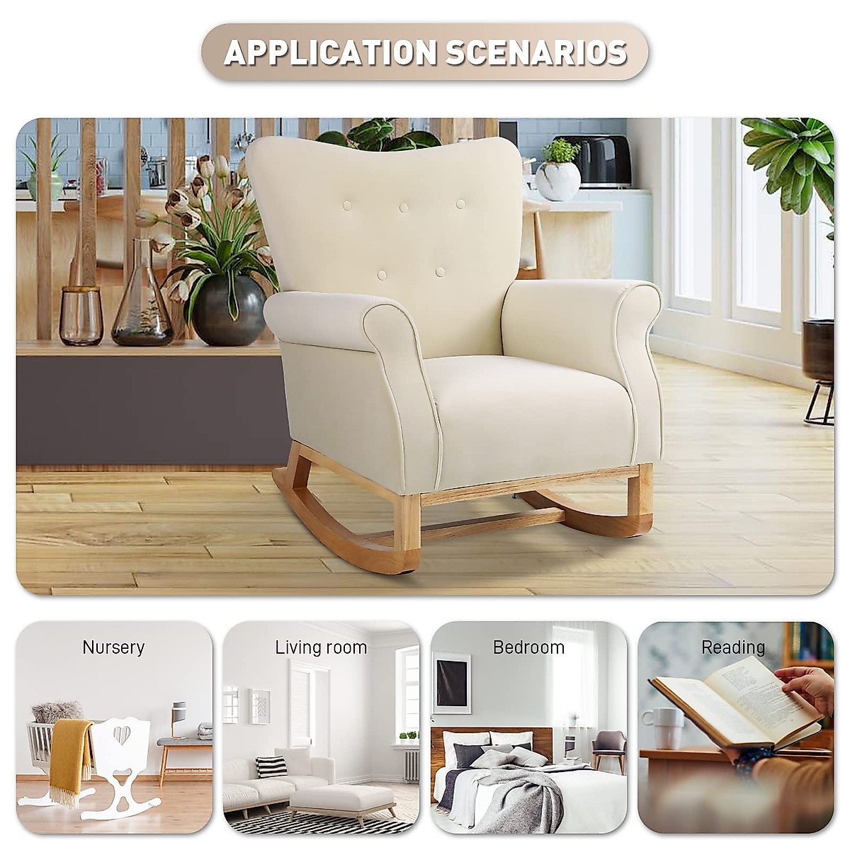 OUYESSIR Rocking Chair for Nursery, Upholstered High-Back Accent Arm Chair, Comfortable Rocker Fabric Padded Seat, Modern Leisure Single Glider Chair for Living Room, Hotel, Bedroom (Beige)