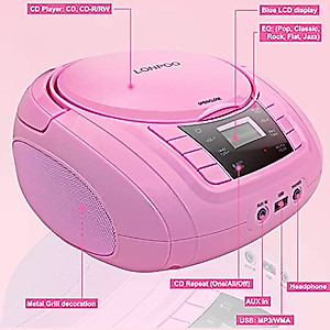 LONPOO Portable CD Player Kids Gift Boombox Classic Stereo Sound System Outdoor Speaker with FM Home Audio Radio, Bluetooth, Aux-in, USB Playback, Pink