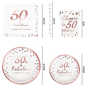 50th Birthday Rose Gold Women Party Supplies Plates Set, Disposable Paper Tableware for 24 Guests, 120pcs Include 7” and 9” Plates, 12 oz Cups, Napkins and Straws