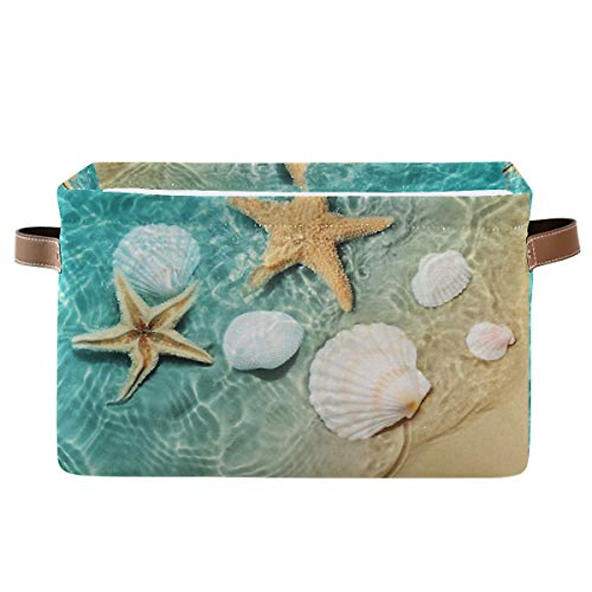 Storage Basket Sea Beach Starfish Seashell Rectangle Foldable with Leather Handle Nursery Storage Bins Boxes Cube Organizer for Children Toys Books Clothes Home Bedroom