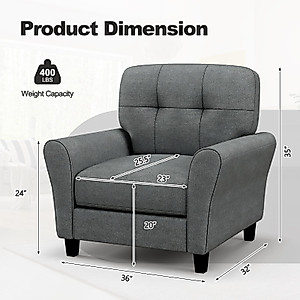 Giantex Modern Mid-Century Accent Chair - Linen Living Room Chair with Tufted Back, 7" Thick Cushion, Max Load 400 lbs, Upholstered Armchair with Non-Slip Foot Pads, Club Chair for Bedroom, Grey