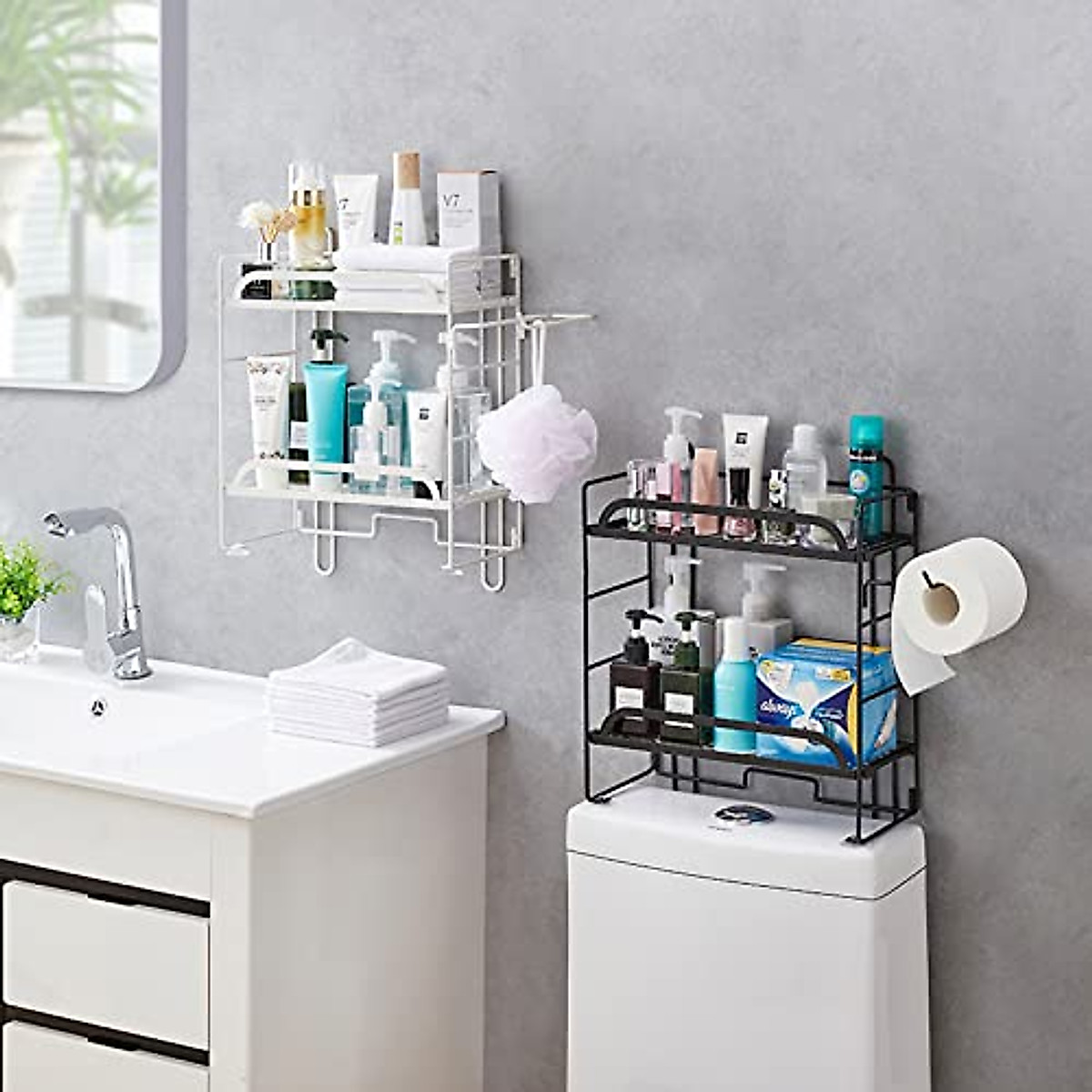 JONZIN Over The Toilet Storage, 2-Tier Large Capacity Bathroom Organizer Shelves, Adjustable Multifunctional Toilet Rack,No Drilling Space Saver with Wall Mounting Design