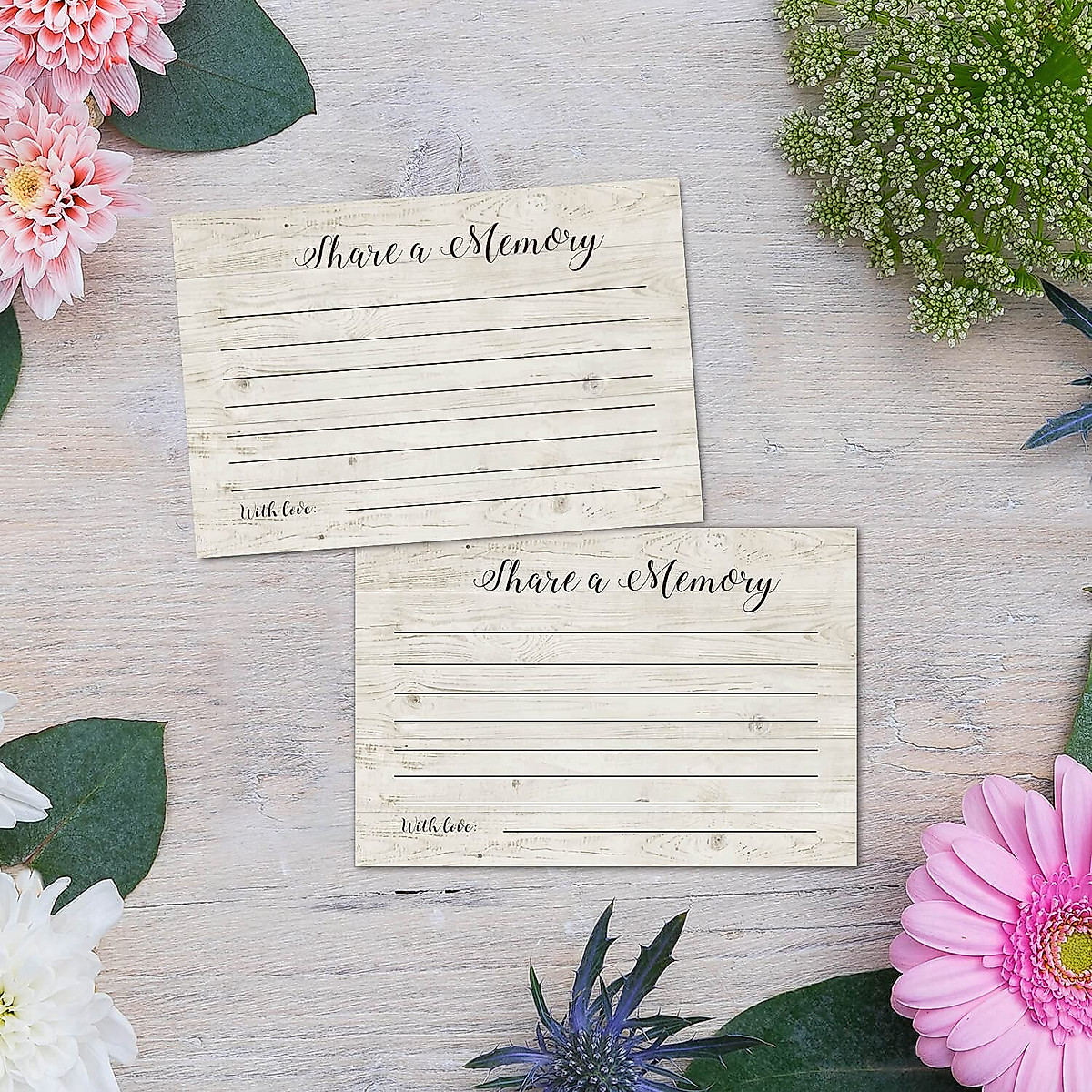 Share A Memory Cards, 50 Rustic Wood Cards and Sign for Wedding, Shower, Birthday, Celebration of Life, Funeral, Retirement, Graduation, Life Memories, Guest Book Alternative Advice Game, 4x6 Inch.