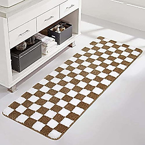 Chaelilife Checkered Bathroom Runner Rugs, Khaki Non Slip Bath Mats for Bathroom, Long Water Absorbent Bath Rug Soft Washable Geometric Shag Rug for Indoor Shower Tub Doormat, 18"x47"