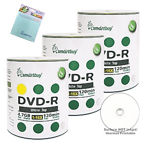 Smartbuy 300-disc 4.7GB/120min 16x DVD-R White Top Blank Media Record Disc + Free Micro Fiber Cloth