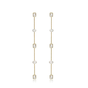 Ettika Gold Earrings. Pearl Earrings For Women. Freshwater Pearl and Crystal Linear 18k Gold Plated Dangle Earrings. Birthday Gifts For Women