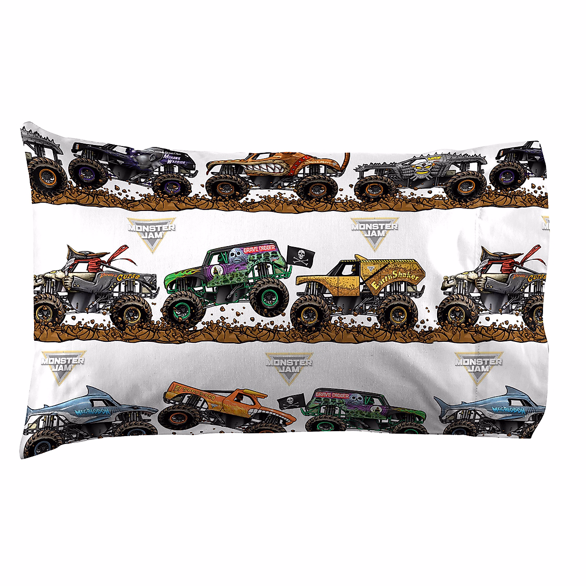 Jay Franco Monster Jam Tracks Full Sheet Set - 4 Piece Set Super Soft and Cozy Kid's Bedding Features Grave Digger & Megalodon - Fade Resistant Microfiber Sheets (Official Monster Jam Product)