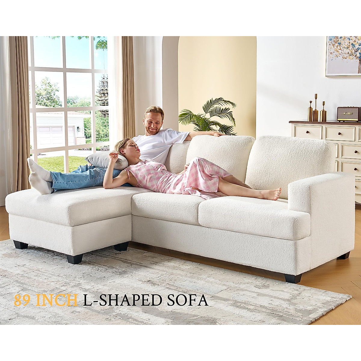 VanAcc 89 Inch L Shape Couch, Reversible L Shape Sofa with Chaise, Convertible Sofa with Storage, L Couches for Living Room, Offwhite Bouclé