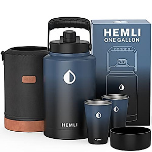 HEMLI One Gallon Water Bottle Insulated, 128 oz Insulated Stainless Steel Water Bottle, One Gallon Jug, Double Wall Vacuum-Sealed Insulated Beer Growler, with Carrying Case