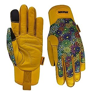 MSUPSAV Women Gardening Gloves with Touchscreen,Garden Gloves for Women,Cowhide Leather Work Gloves for Women,Gardening Gfits,Colorful flowers,Large