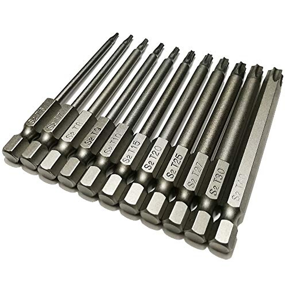 YDLQWCZ Security Torx Bit 11 Pieces 1/4 Inch Hex Shank T6 T7 T8 T9 T10 T15 T20 T25 T27 T30 T40 3 Inch Length S2 Steel Torx Head Screwdriver Drill Set (11pcs 75mm Torx Head)