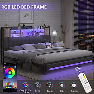 Dnxao King Size Bed Frame and Bookcase Storage Headboard, LED Upholstered Bed Frame King with Charging Station, Light up King Size Platform Metal Bed Frame, No Box Spring Needed, Charcoal Gray