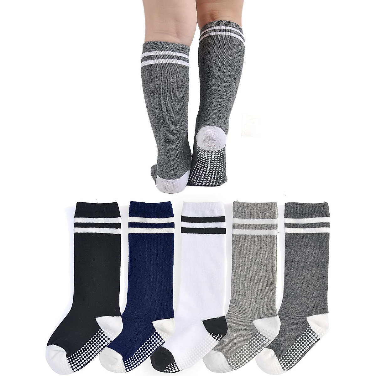 EPEIUS Knee High Socks with Non-Slip Grip Toddller Boys Girls Athletic Stripe Team Tube Socks for Soccer, Basketball, Baseball,5 Pairs Pack 3-5 Years