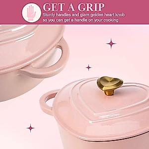 Paris Hilton Enameled Cast Iron Dutch Oven Heart-Shaped Pot with Lid, Dual Handles, Works on All Stovetops, Oven Safe to 500°F, 2-Quart, Pink