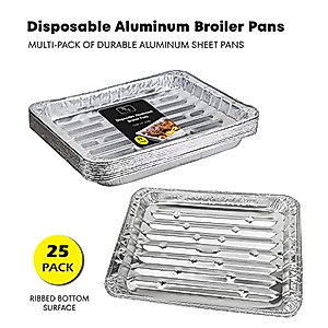 DCS Deals Pack of 25 Disposable Aluminum Broiler Pans – Good for BBQ, Grill Trays – Multi-Pack of Durable Aluminum Sheet Pans – Ribbed Bottom Surface - 13.40" x 9" x 0.85"