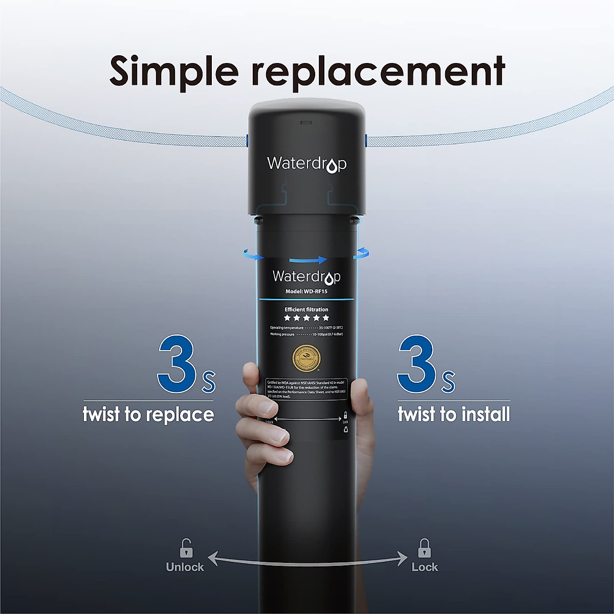 Waterdrop 15UA Under Sink Water Filter System and Waterdrop RF15 Replacement Filter Cartridge For 15UA/15UB/15UC Under Sink Water Filter