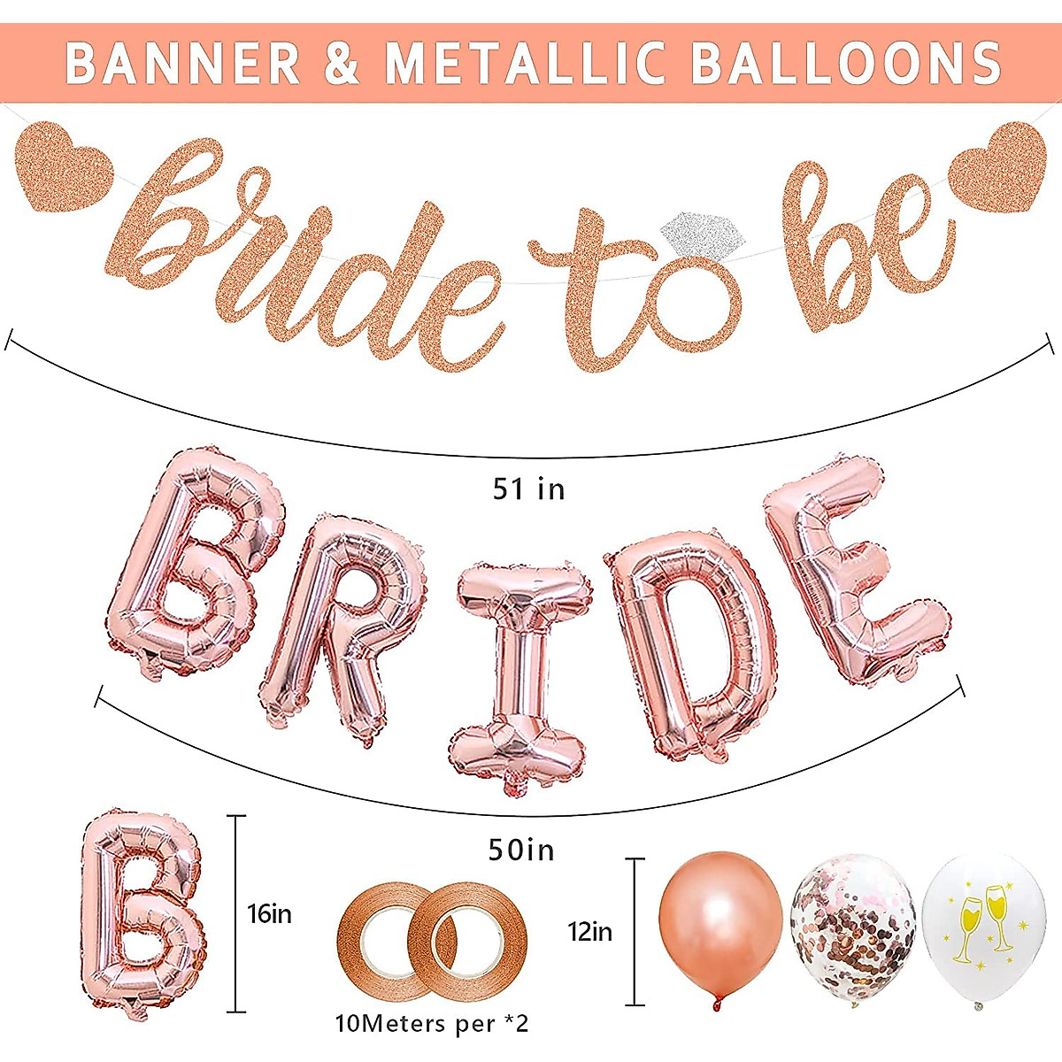 Rose Gold Bridal Shower Decorations Set Bachelorette Party Decorations with Bride to Be Banner, Bride Foil Balloons, Ring Balloon, Heart Balloons, Paper Pom Poms, Tassel, Ballon