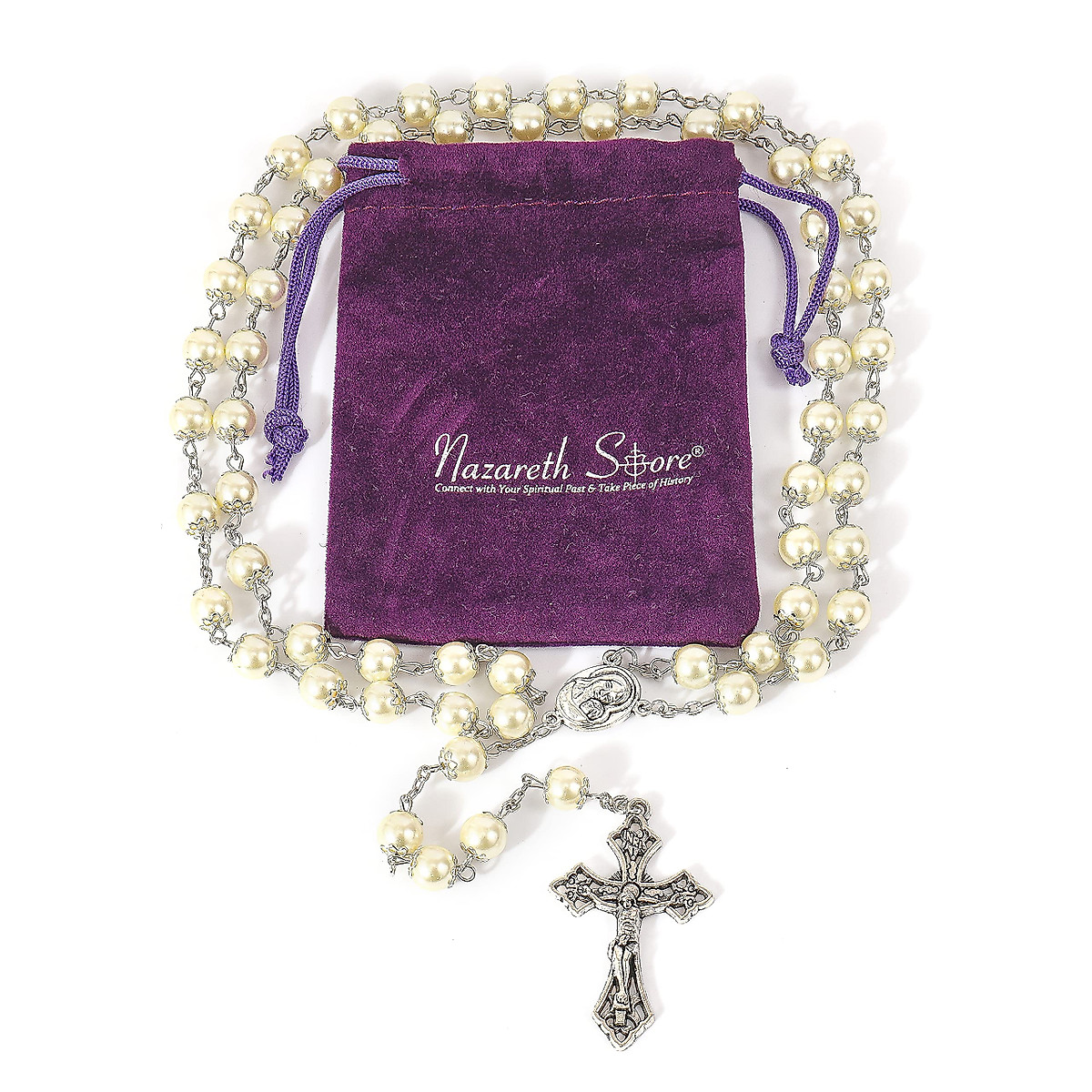 Nazareth Store Pearl Cream Beads Rosary Necklace Holy Soil Medal and Cross Catholic Rosaries for Women, Men