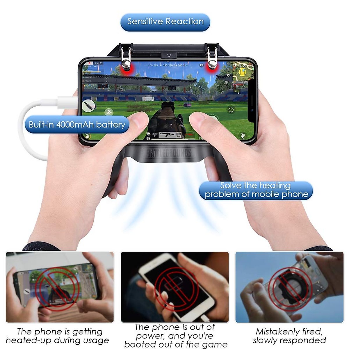 Qoosea Mobile Controller with 4000mAh Battery Power Bank Cooling Fan Mobile Controller L1R1 Game Trigger Joystick Gamepad Grip Remote for PUBG/Knives Out/Free Fire for Android iOS Phone 4.5-6.5"